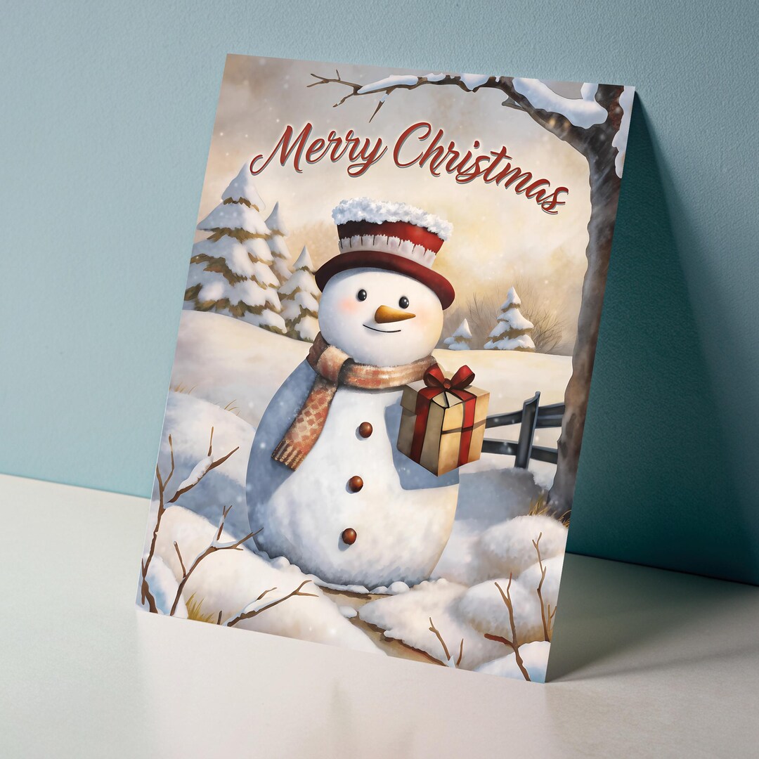 Cute Rustic Snowman Card Printable Christmas Greeting. Digital Download ...