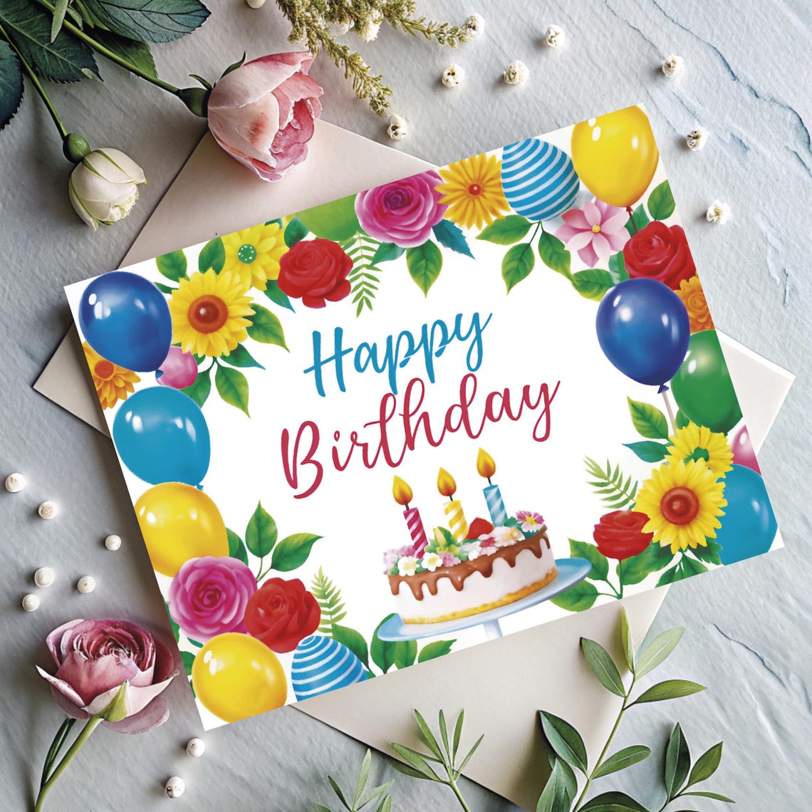 Folded Happy Birthday Card. Birthday Card Printable. Instant Digital ...