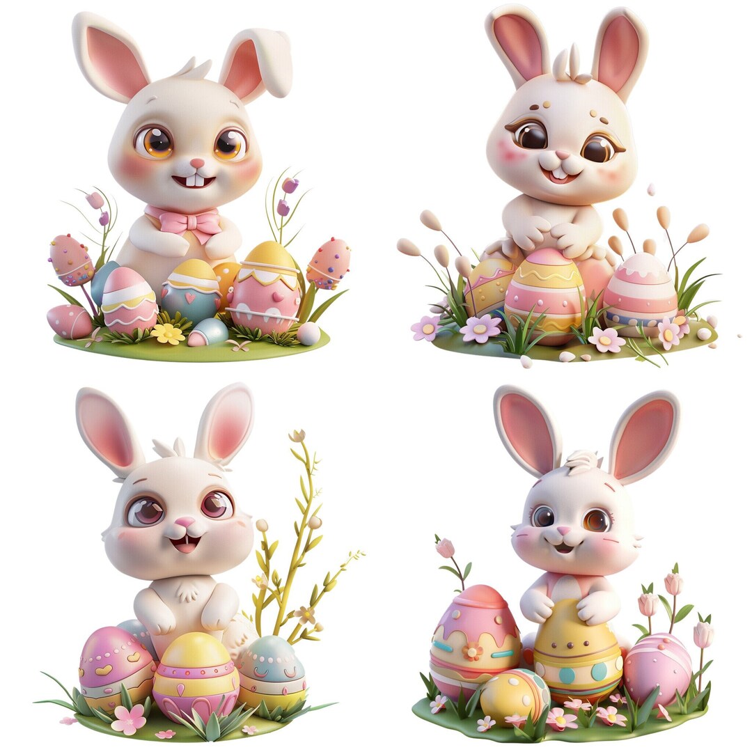 Kawaii 3D Easter Bunnies - Set of 4 Festive Graphics - Etsy
