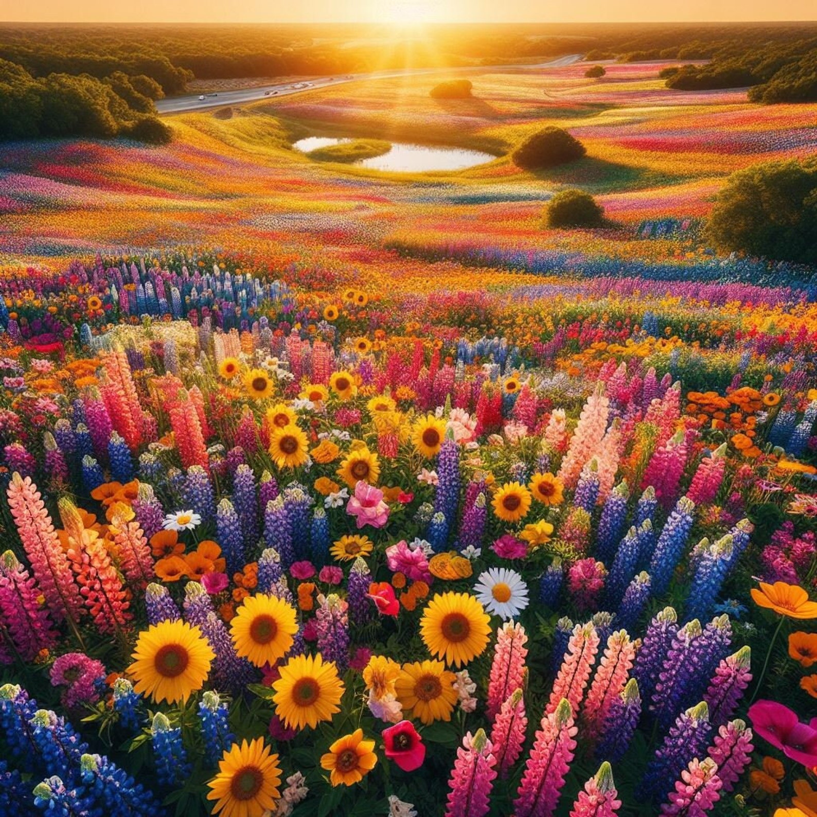 A Beautiful Field Full of Colourful Flowers at a Sunset - Etsy