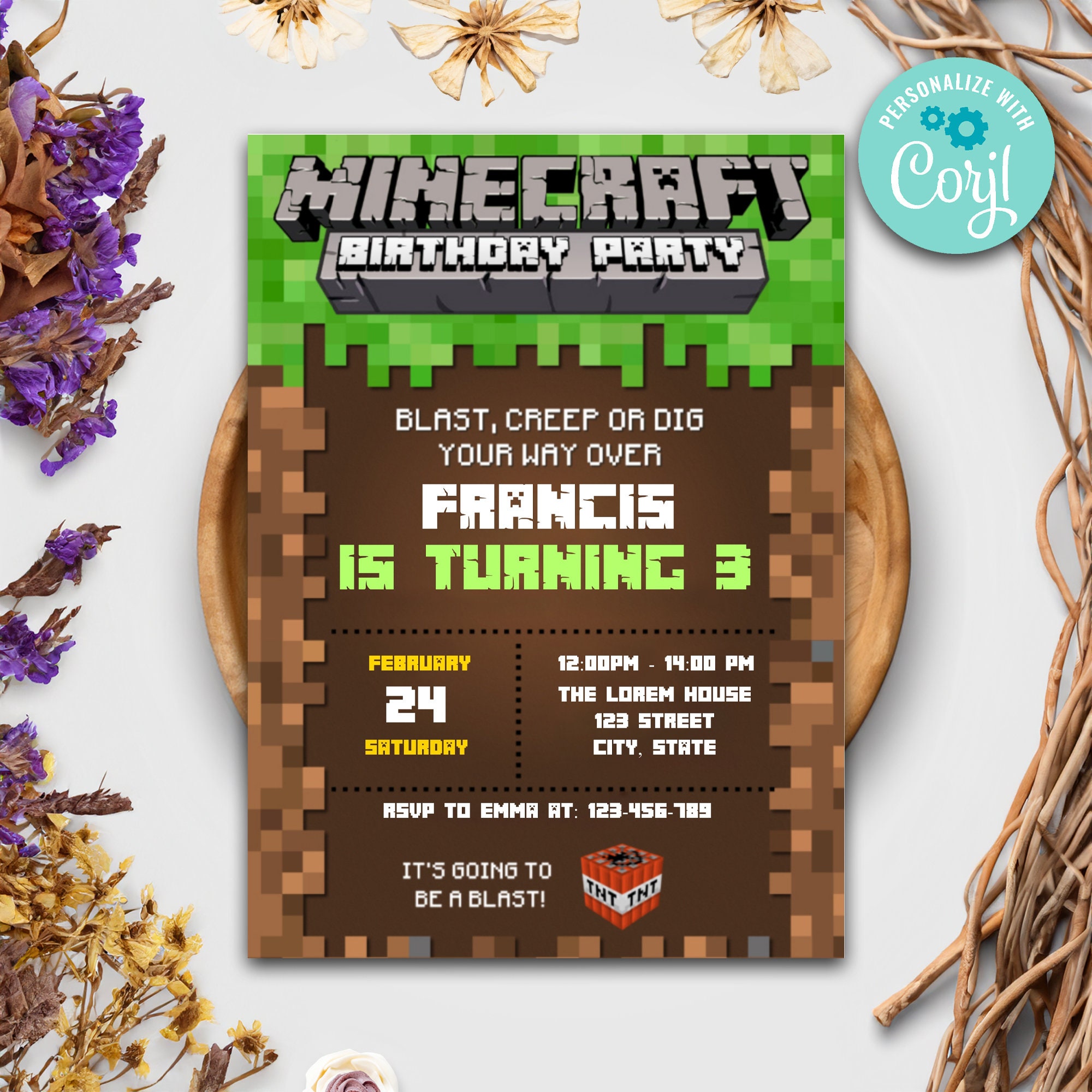 EDITABLE Minecraft Birthday Invitation Template, Minecraft Invitation ...