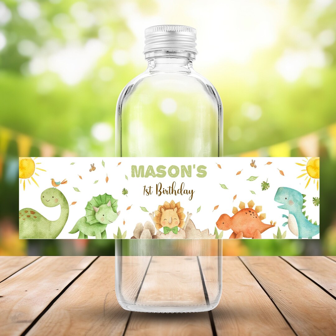 1st Dinosaur Water Bottle Label Template Editable T-rex First Birthday ...