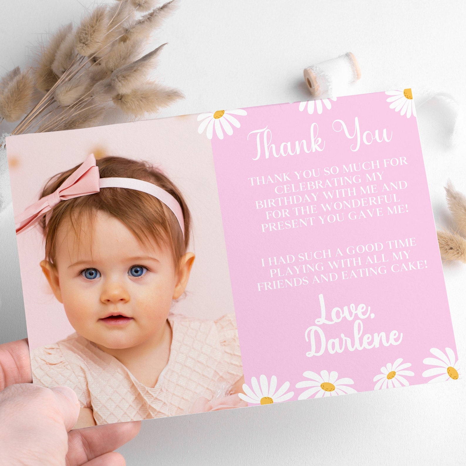 Editable Daisy Birthday Thank You Card Daisy Party Photo Thank You Card ...