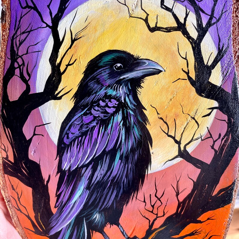Raven Wood Slice Painting, Crow Acrylic on Natural Wood, Witchy Gothic ...