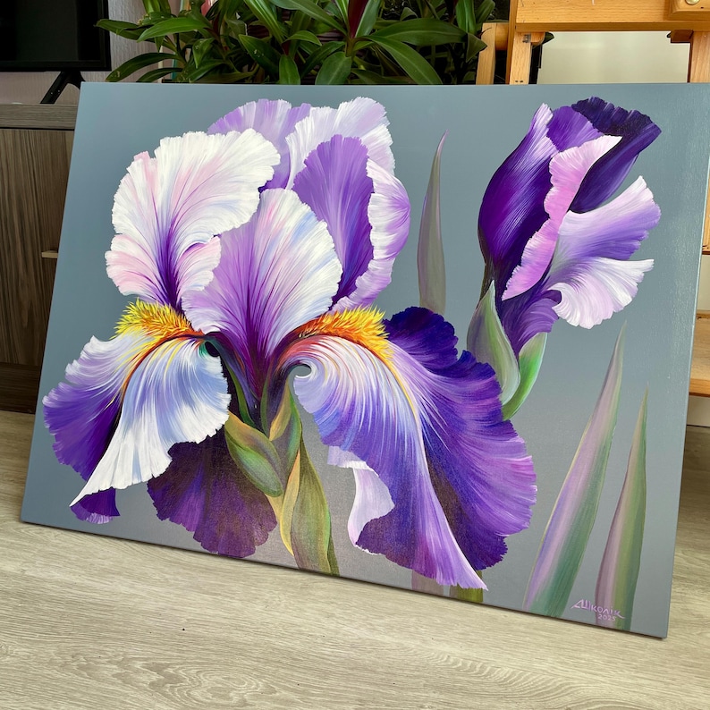 Original Realistic Iris Flower Acrylic Painting: Purple Floral ...