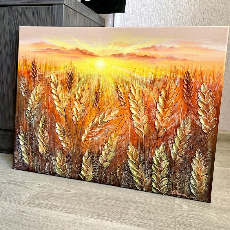 Original Painting Wheat Field Sunset Impasto 3d Texture Sculptural Art ...