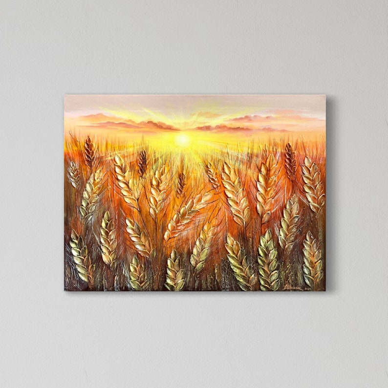 Original Painting Wheat Field Sunset Impasto 3d Texture Sculptural Art ...
