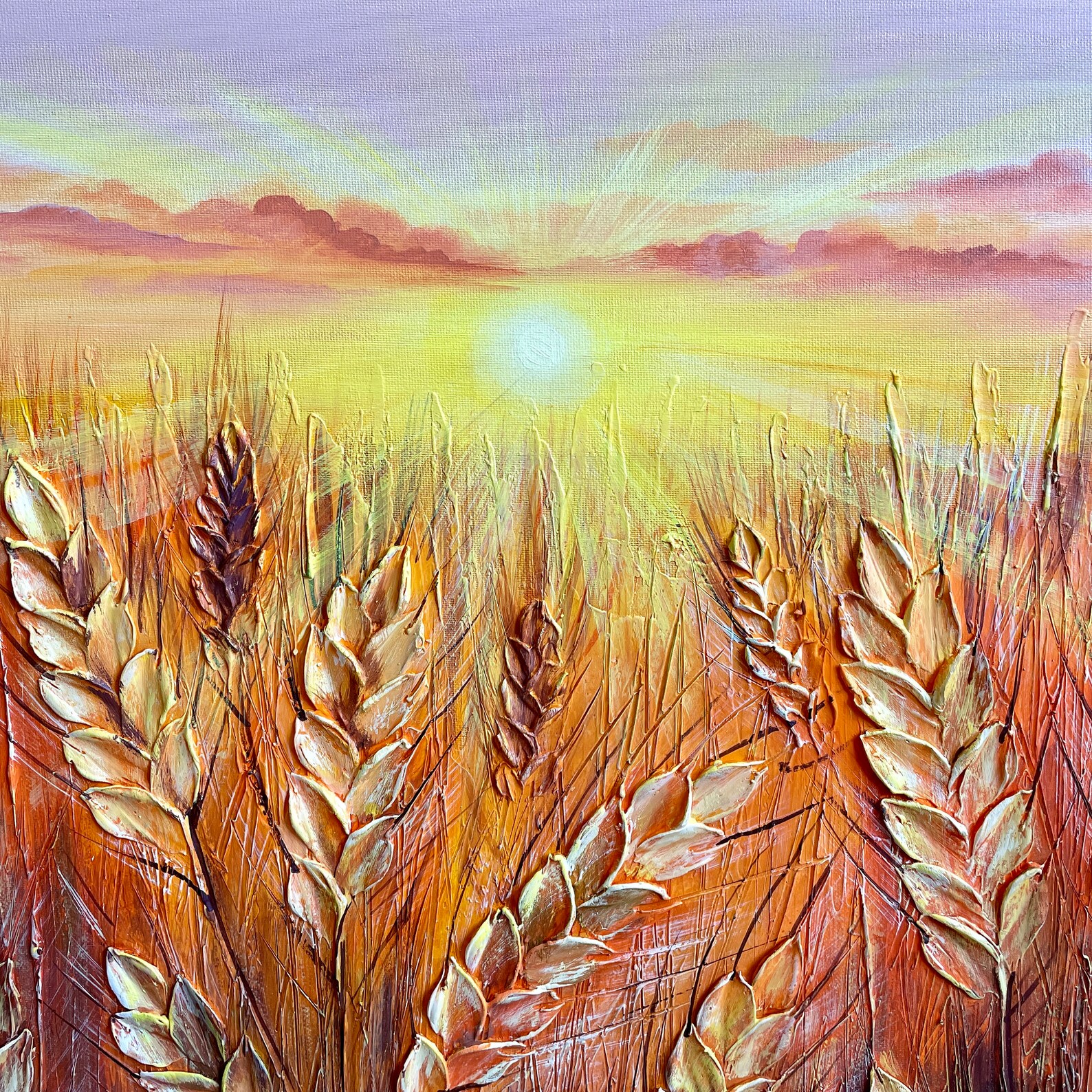 Original Painting Wheat Field Sunset Impasto 3d Texture Sculptural Art ...