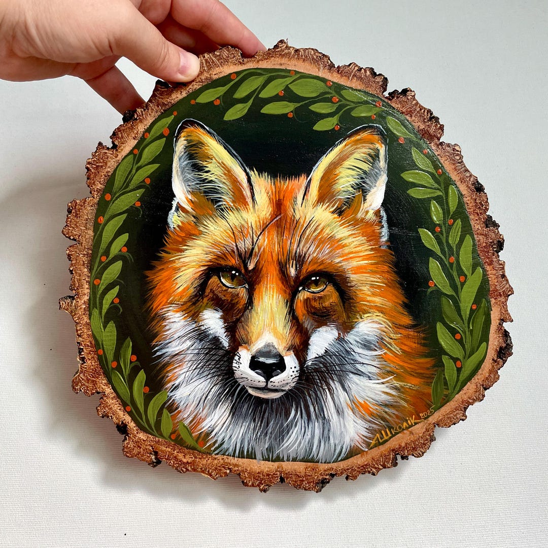 Hand-painted Red Fox Acrylic Painting on Wood Slice: Rustic Woodland ...