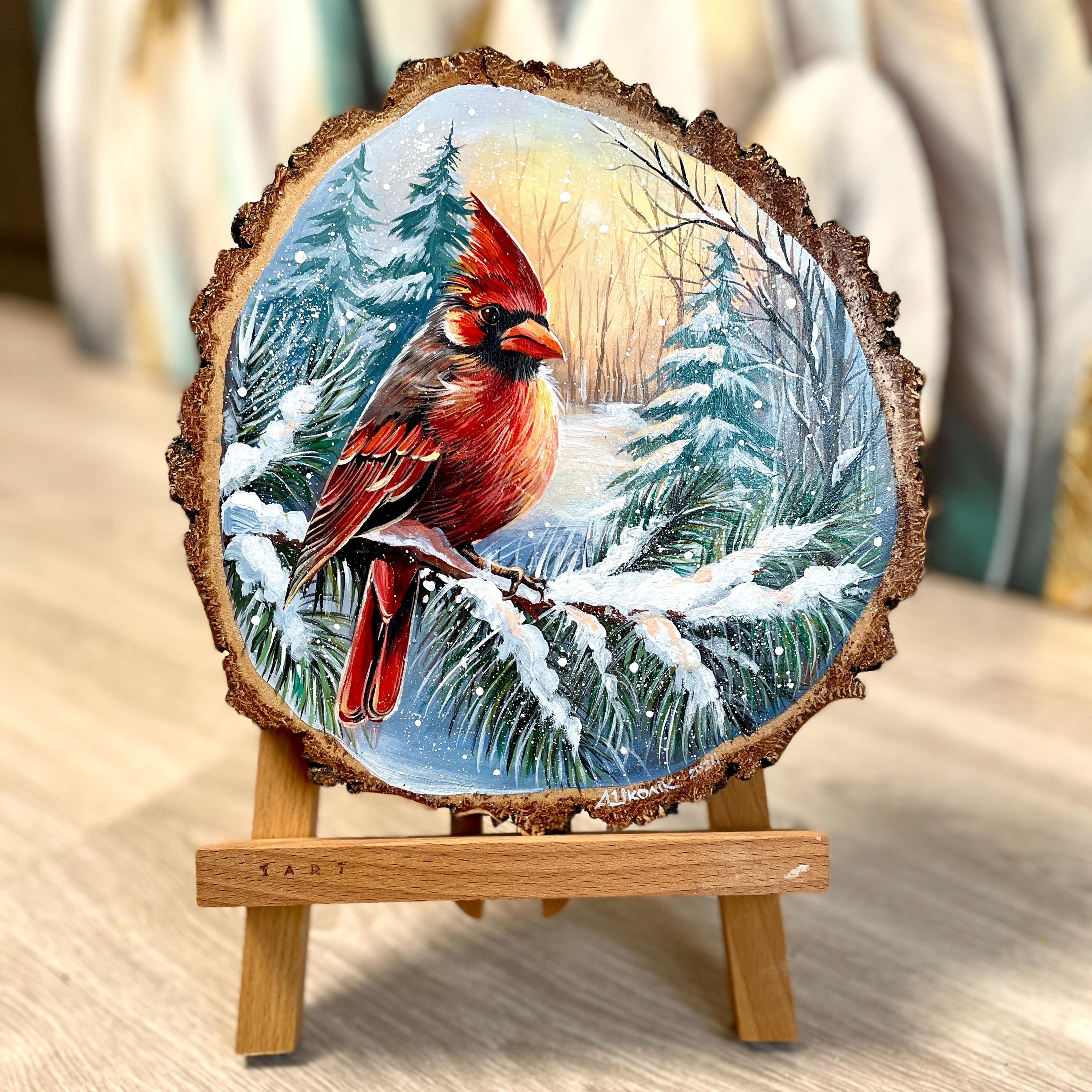Red Cardinal Acrylic Painting on Wood Slice: Rustic Winter Decor - Etsy ...