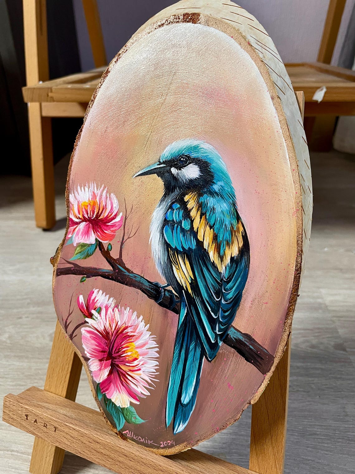 Blue Bird Acrylic Painting on Wood Slice: Handmade Rustic Wall Art - Etsy