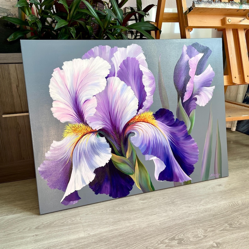 Original Realistic Iris Flower Acrylic Painting: Purple Floral ...