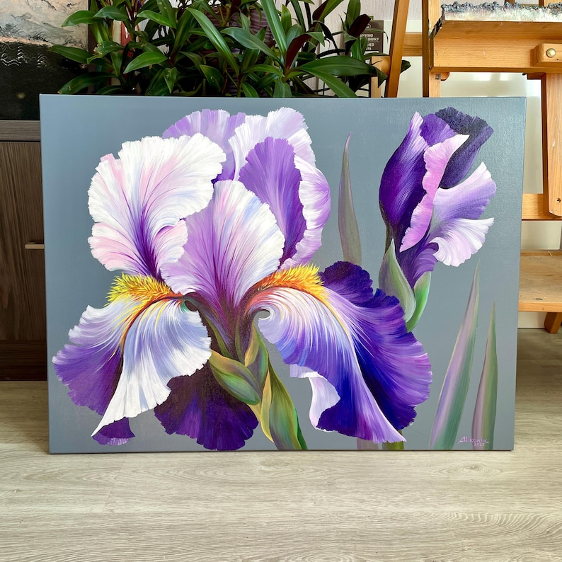 Original Realistic Iris Flower Acrylic Painting: Purple Floral ...