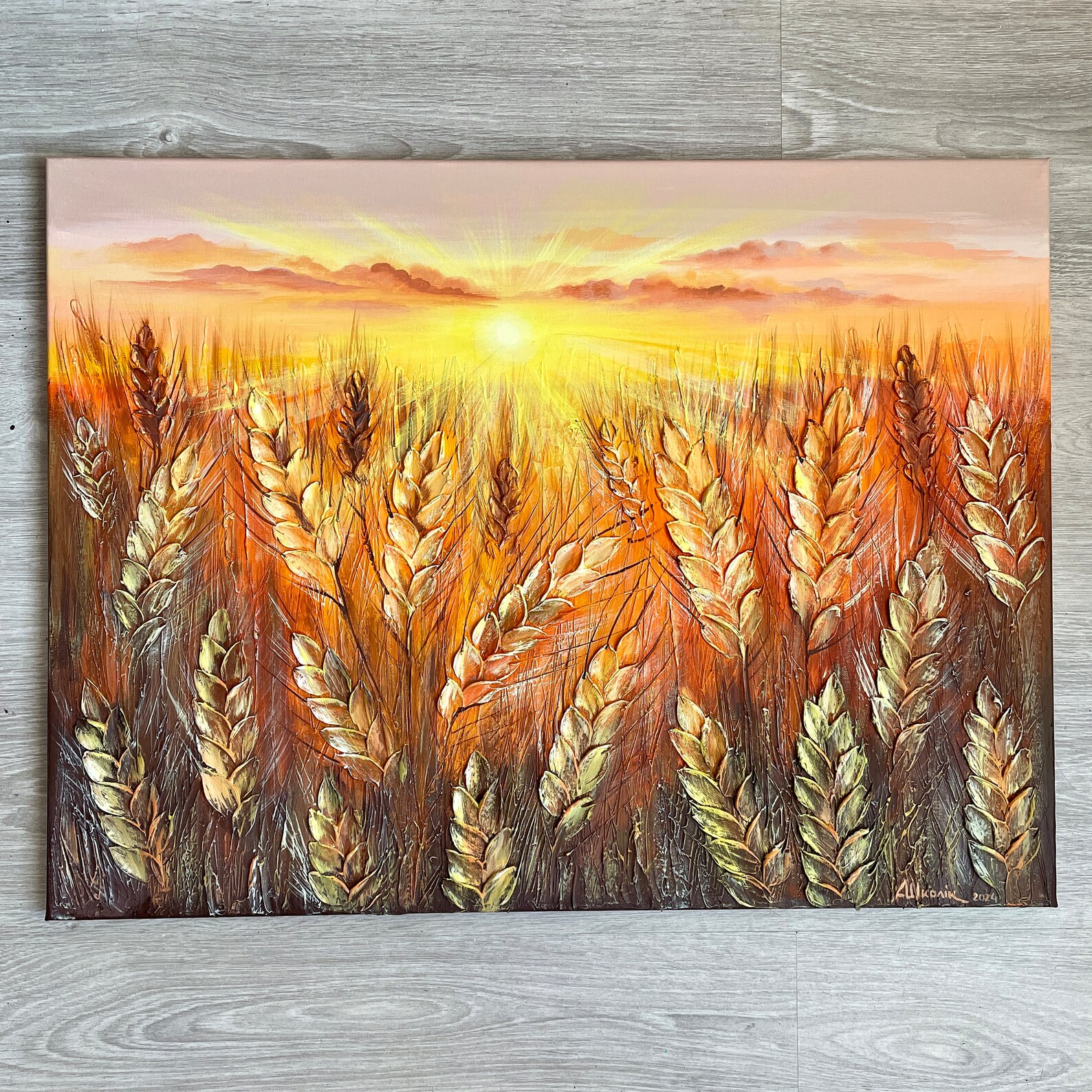 Original Painting Wheat Field Sunset Impasto 3d Texture Sculptural Art ...