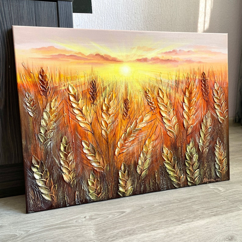 Original Painting Wheat Field Sunset Impasto 3d Texture Sculptural Art ...