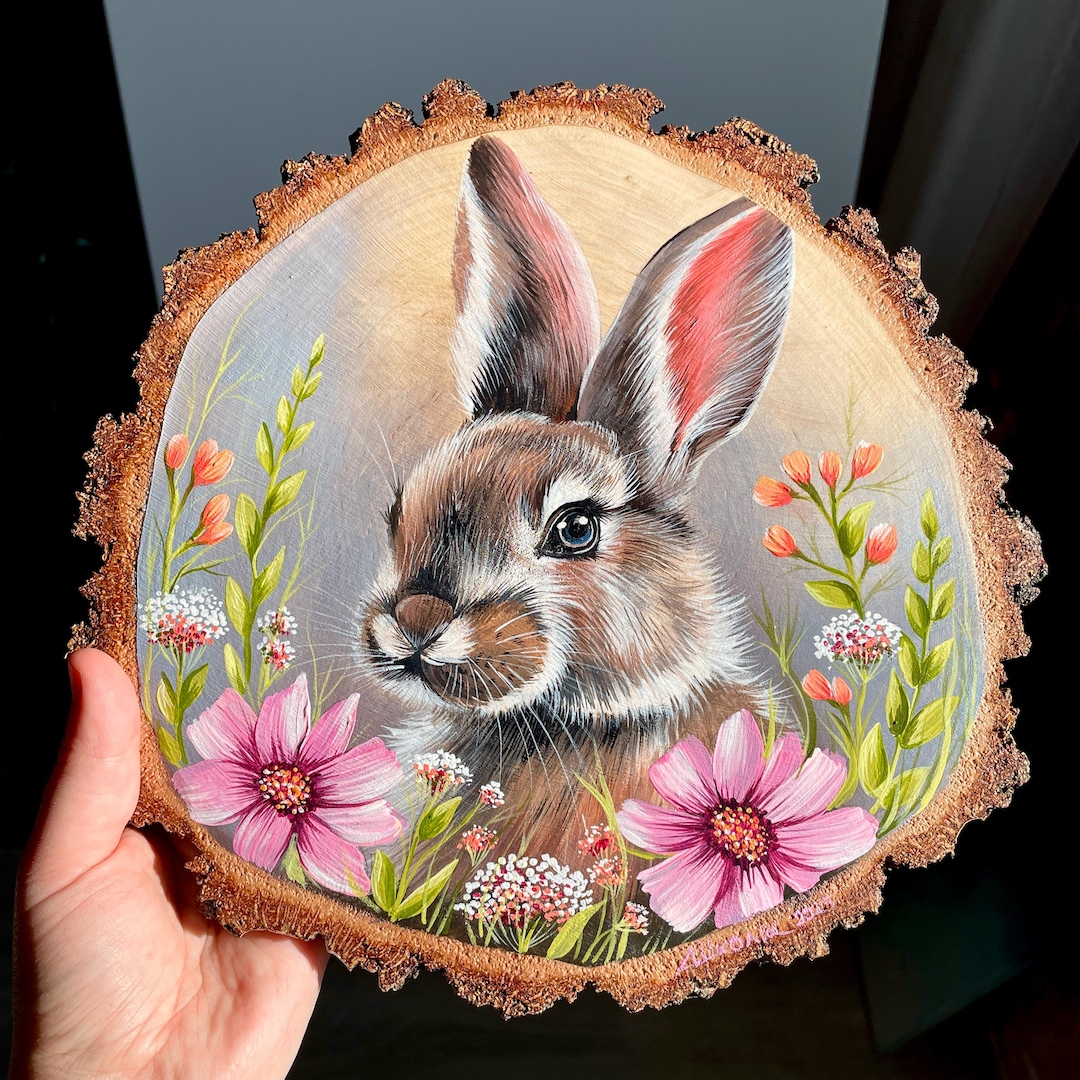 Handmade Cute Bunny in Flowers on Rustic Wood Slice,original Acrylic ...