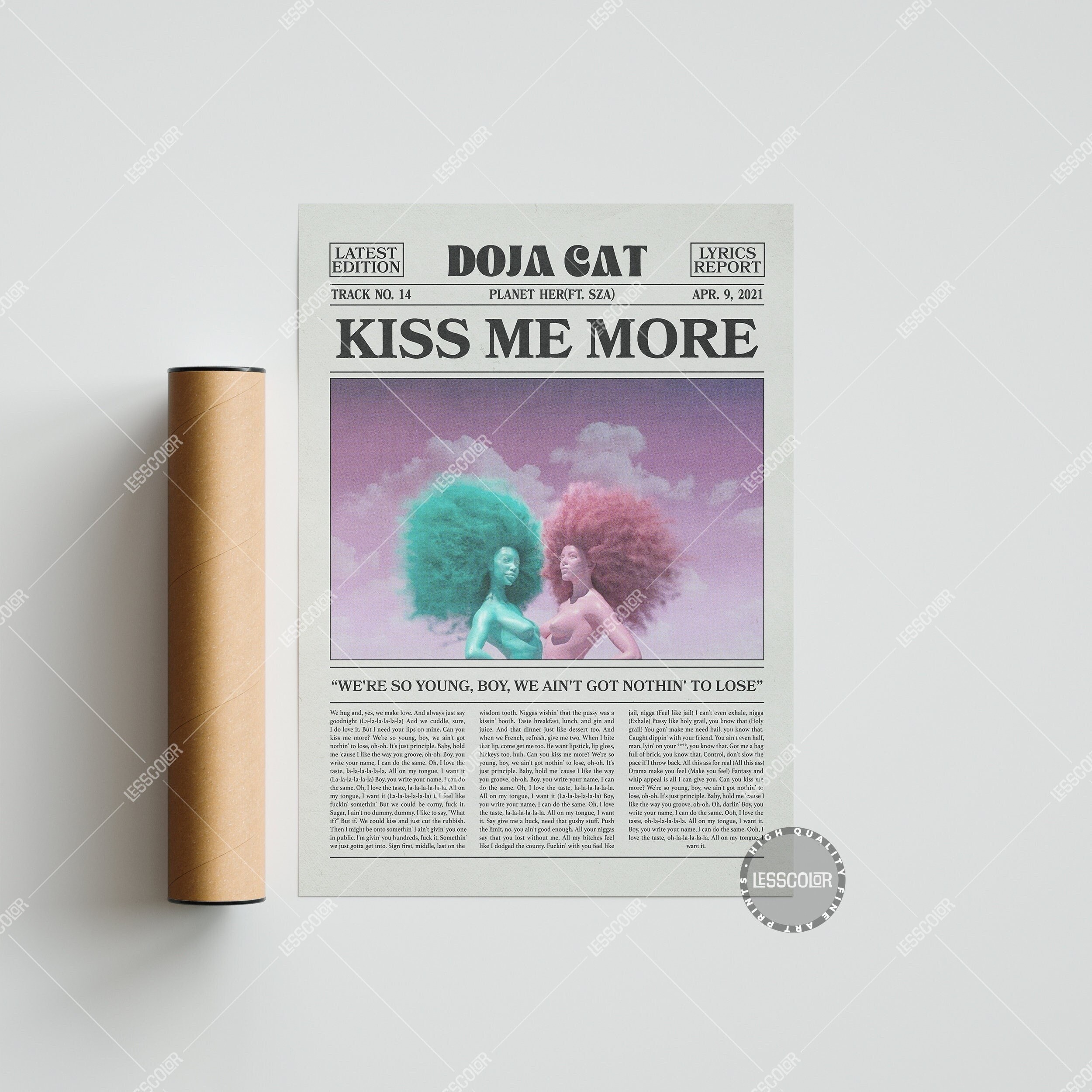 Doja Cat and SZA Retro Newspaper Print, Kiss Me More Poster, Kiss Me ...