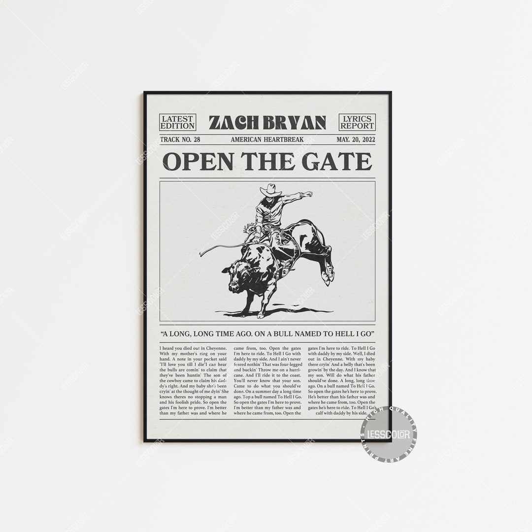 Zach Bryan Retro Newspaper Print, Open the Gate Poster, Open the Gate Lyrics Print, Zach Bryan ...