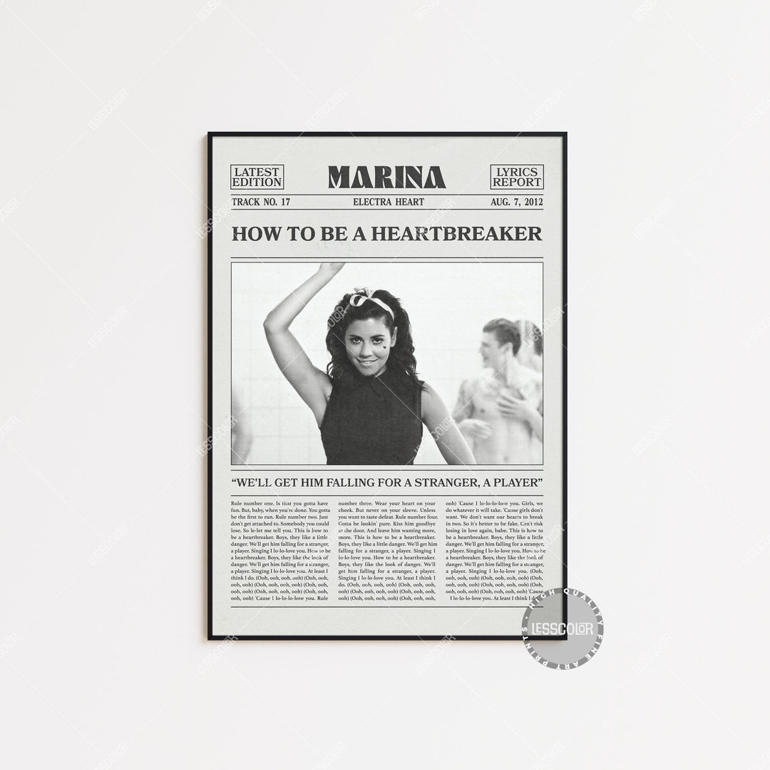 Marina Retro Newspaper Print, How to Be a Heartbreaker Poster, Lyric ...