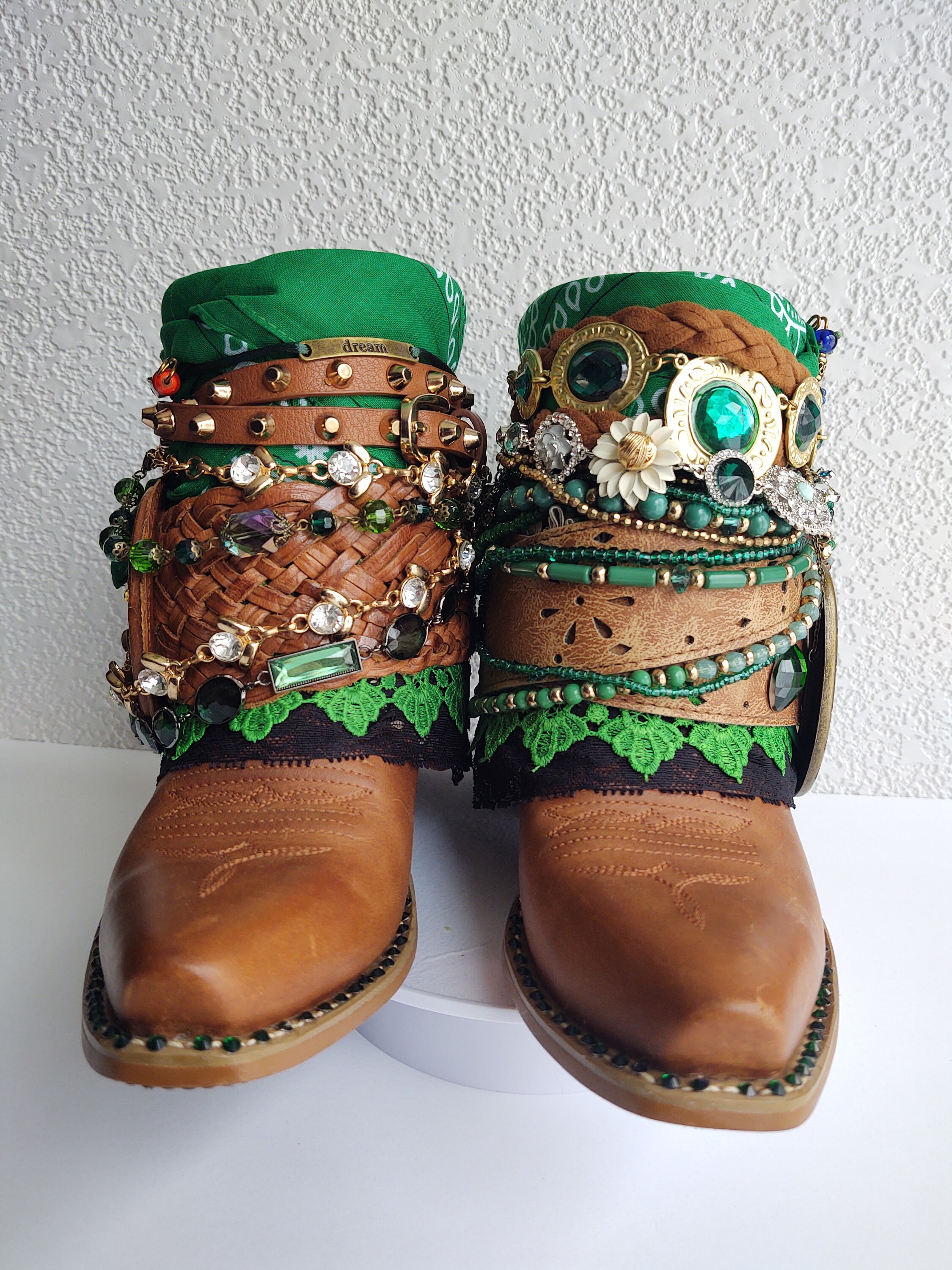 Green Upcycled Western Cowboy Boots Size 8.5 - Etsy