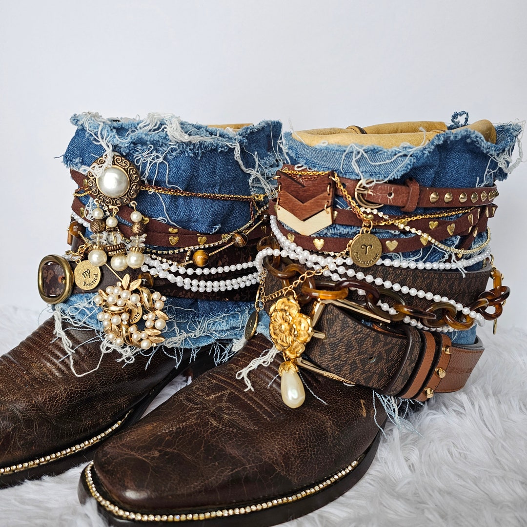 Boho Denim Upcycled Western Cowboy Boots - Etsy
