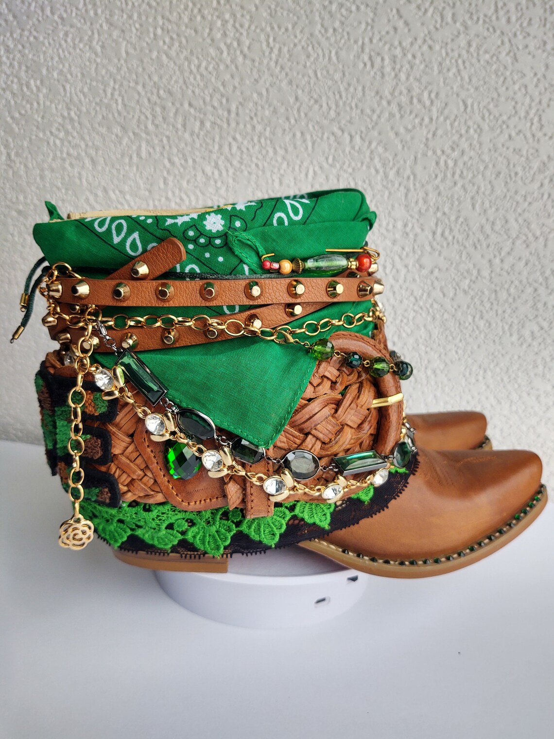 Green Upcycled Western Cowboy Boots Size 8.5 - Etsy