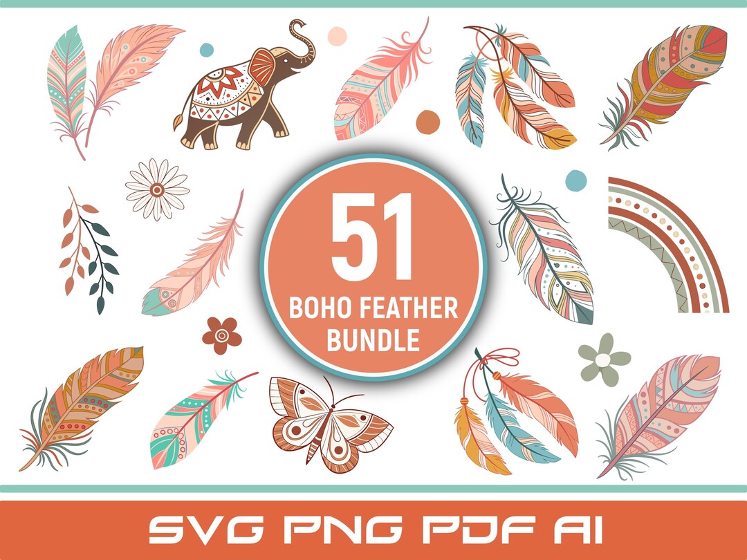 Boho Feather Clipart Bundle: 51 Feather SVG, PNG, PDF Designs - Etsy