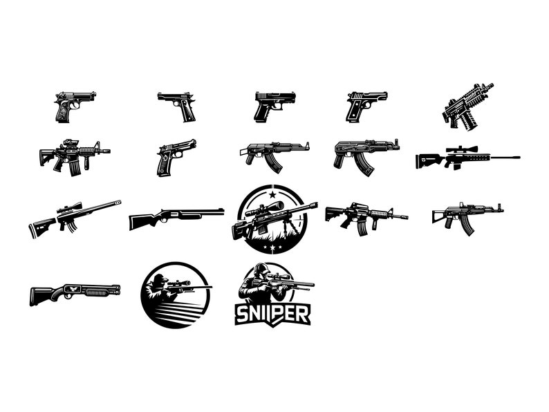 Weapons SVG Bundle With Rifles, Sniper Guns and Revolver Vector Clipart ...
