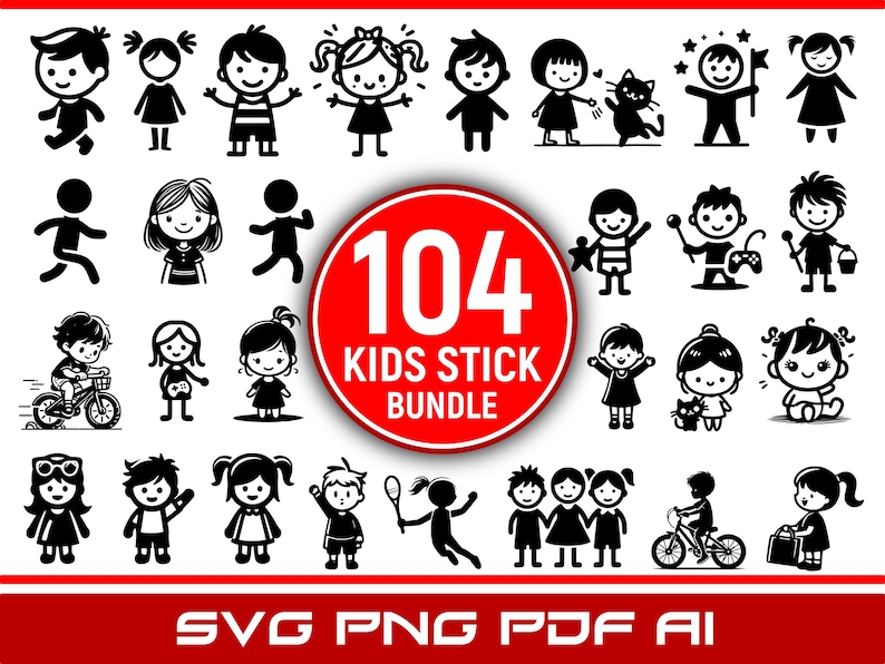Kids Stick Figure SVG PNG PDF Bundle | Vector Stick Figures Children ...