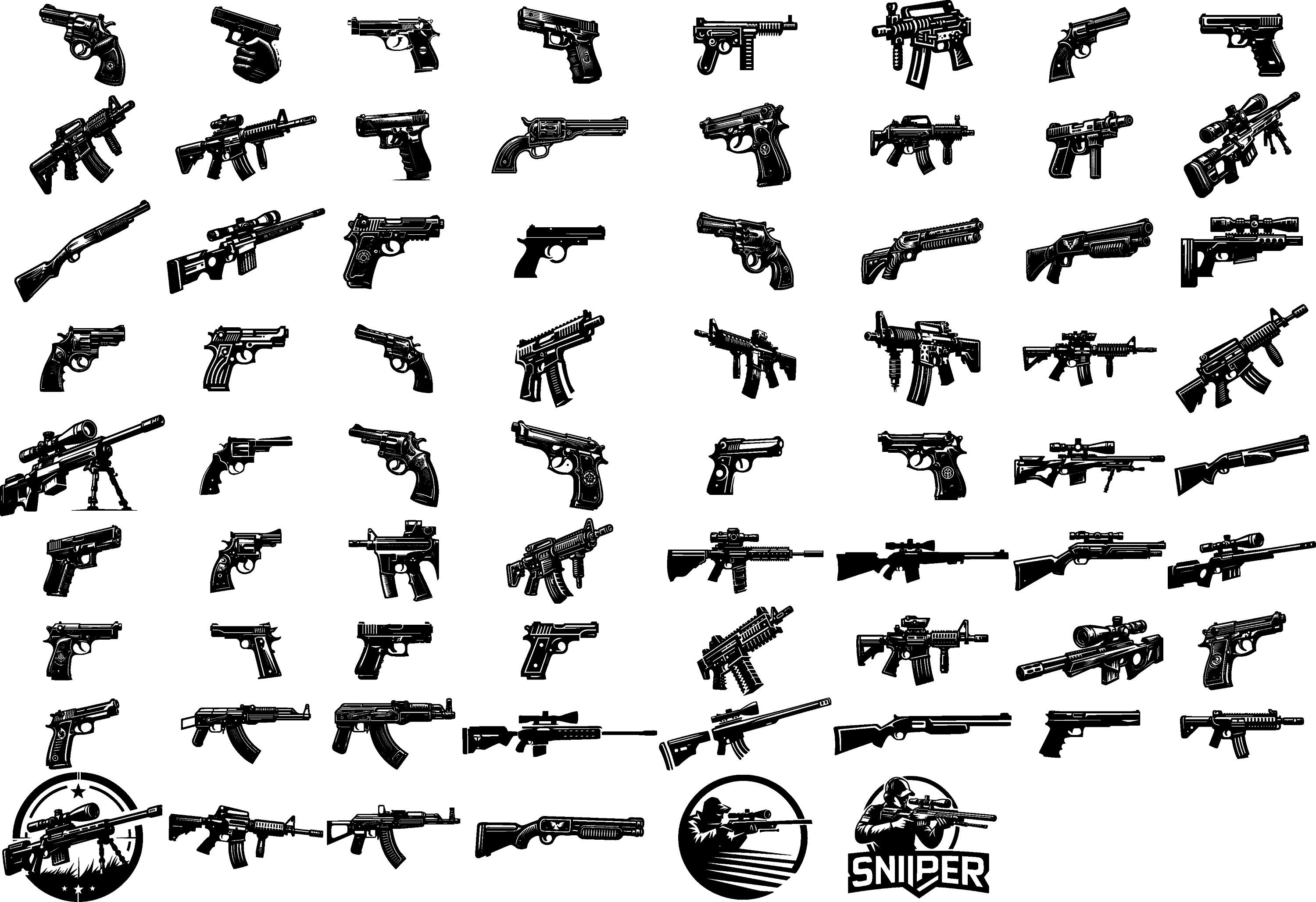 Weapons SVG Bundle With Rifles, Sniper Guns and Revolver Vector Clipart ...