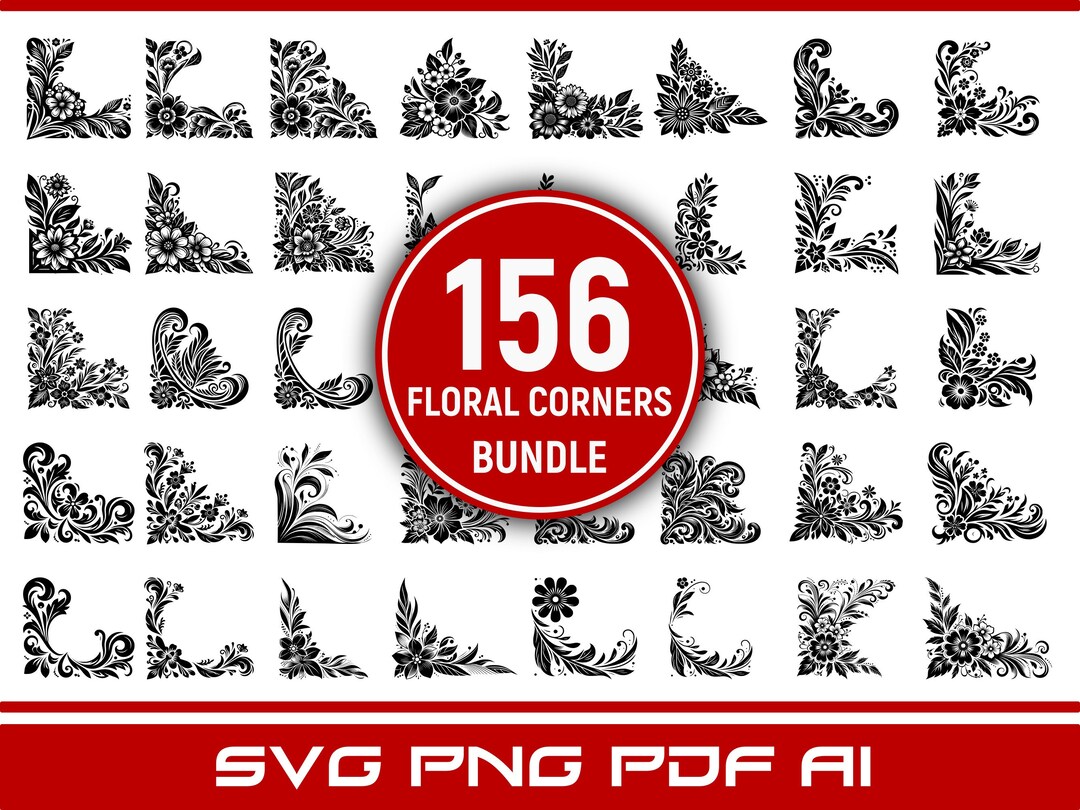 156 Floral Corner Elements: Vintage SVG Clipart Bundle (PNG, PDF) - Etsy