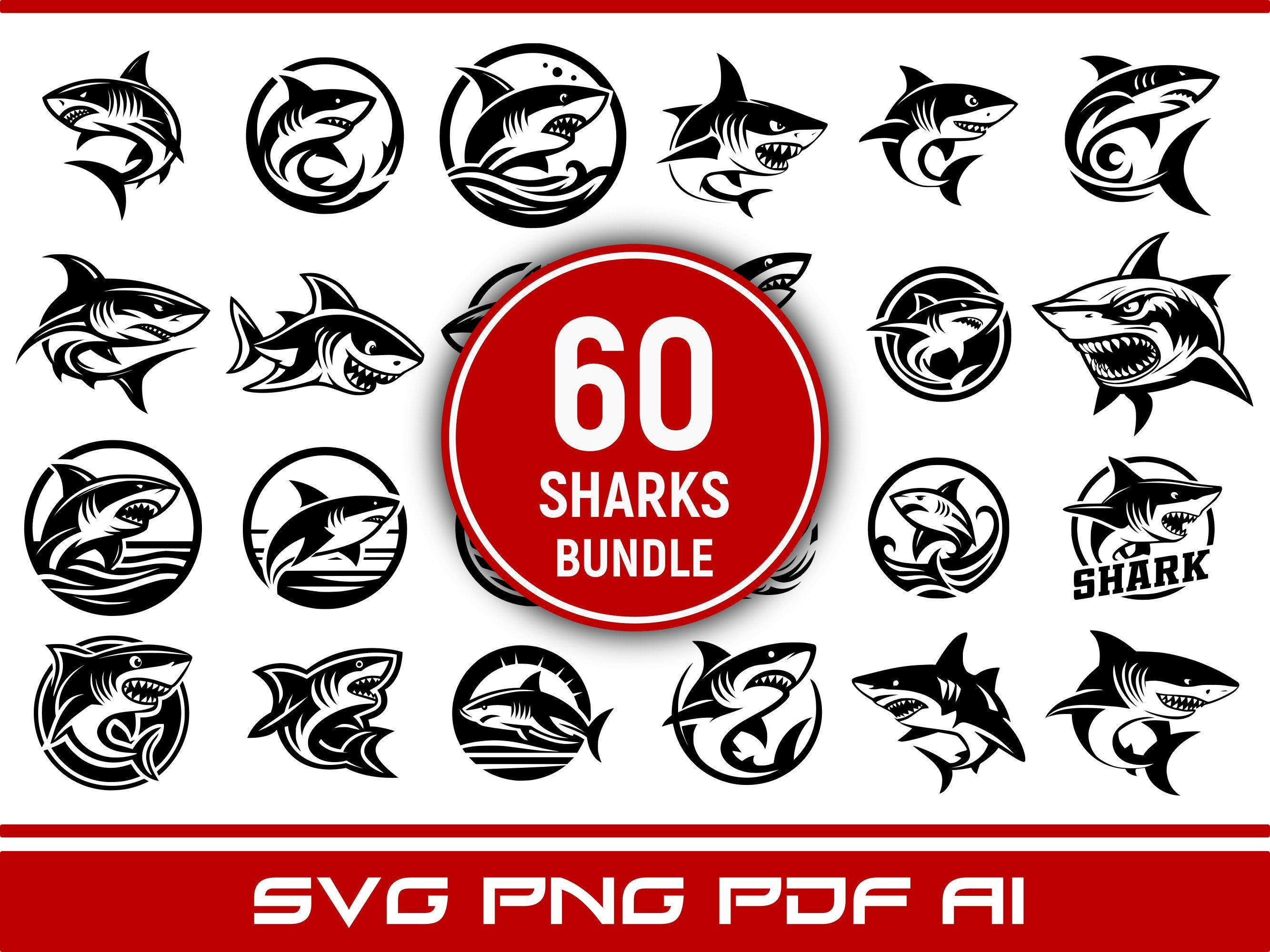 60 Sharks Design SVG PNG PDF Vector Files Clipart Bundle and Logo ...