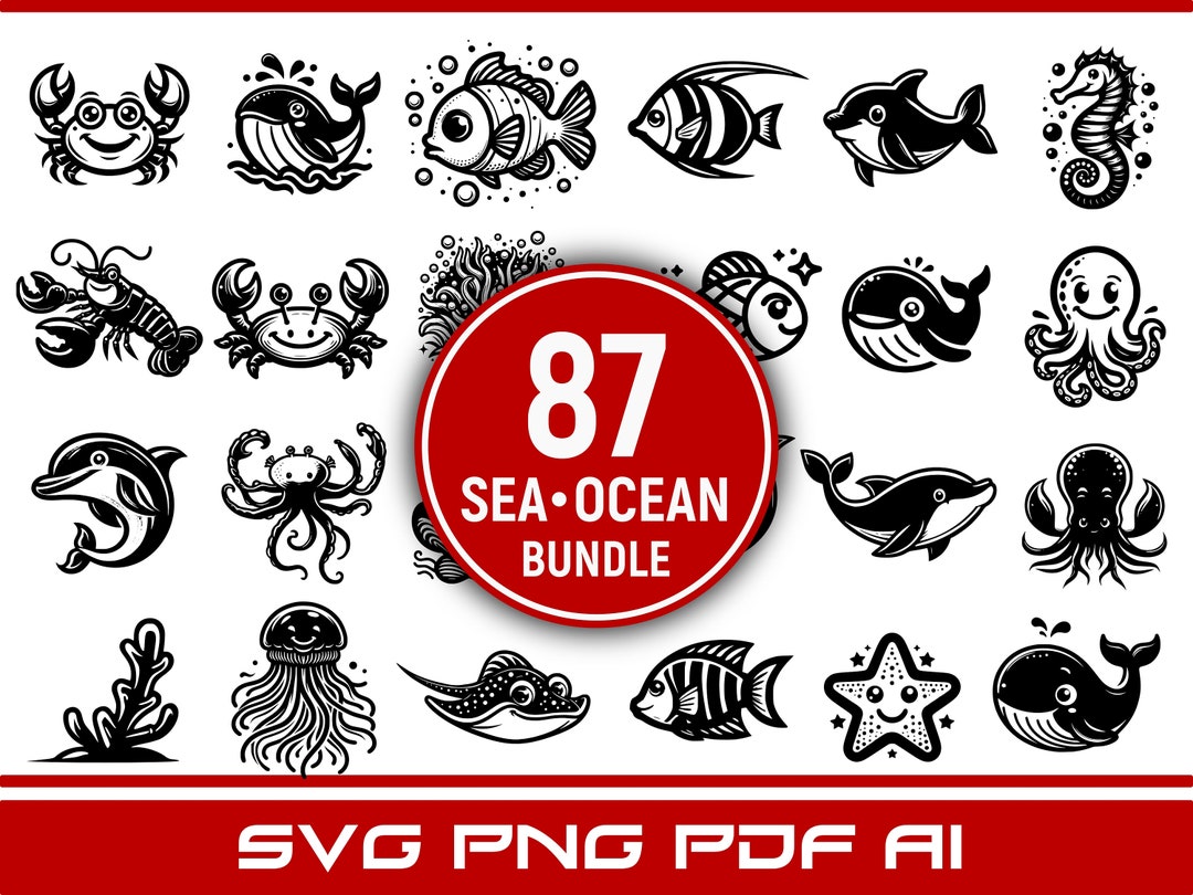 87 Sea Ocean Animals Fish Pack SVG, PNG, PDF Bundle Clipart | Sea Fish ...