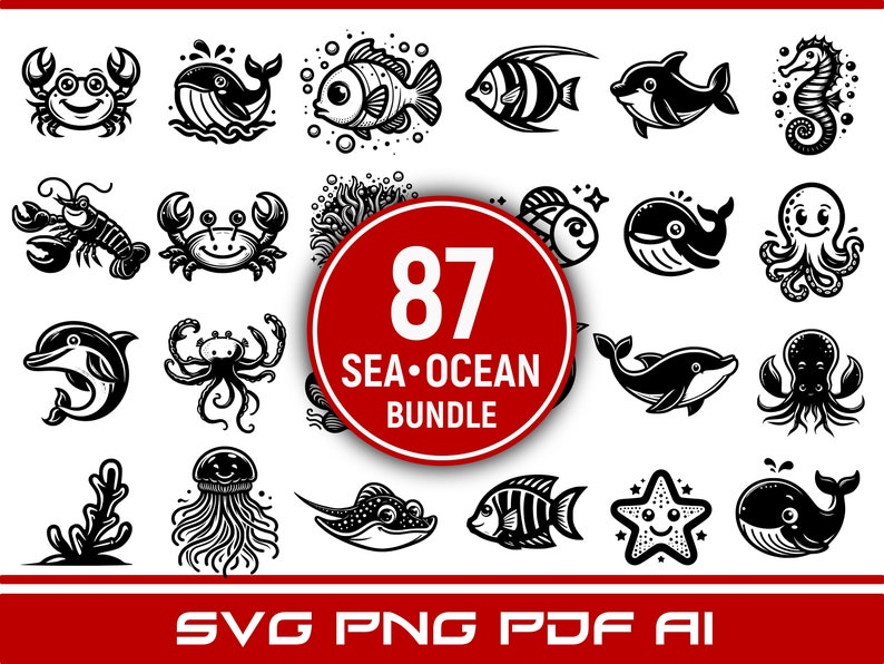 87 Sea Ocean Animals Fish Pack SVG, PNG, PDF Bundle Clipart | Sea Fish ...