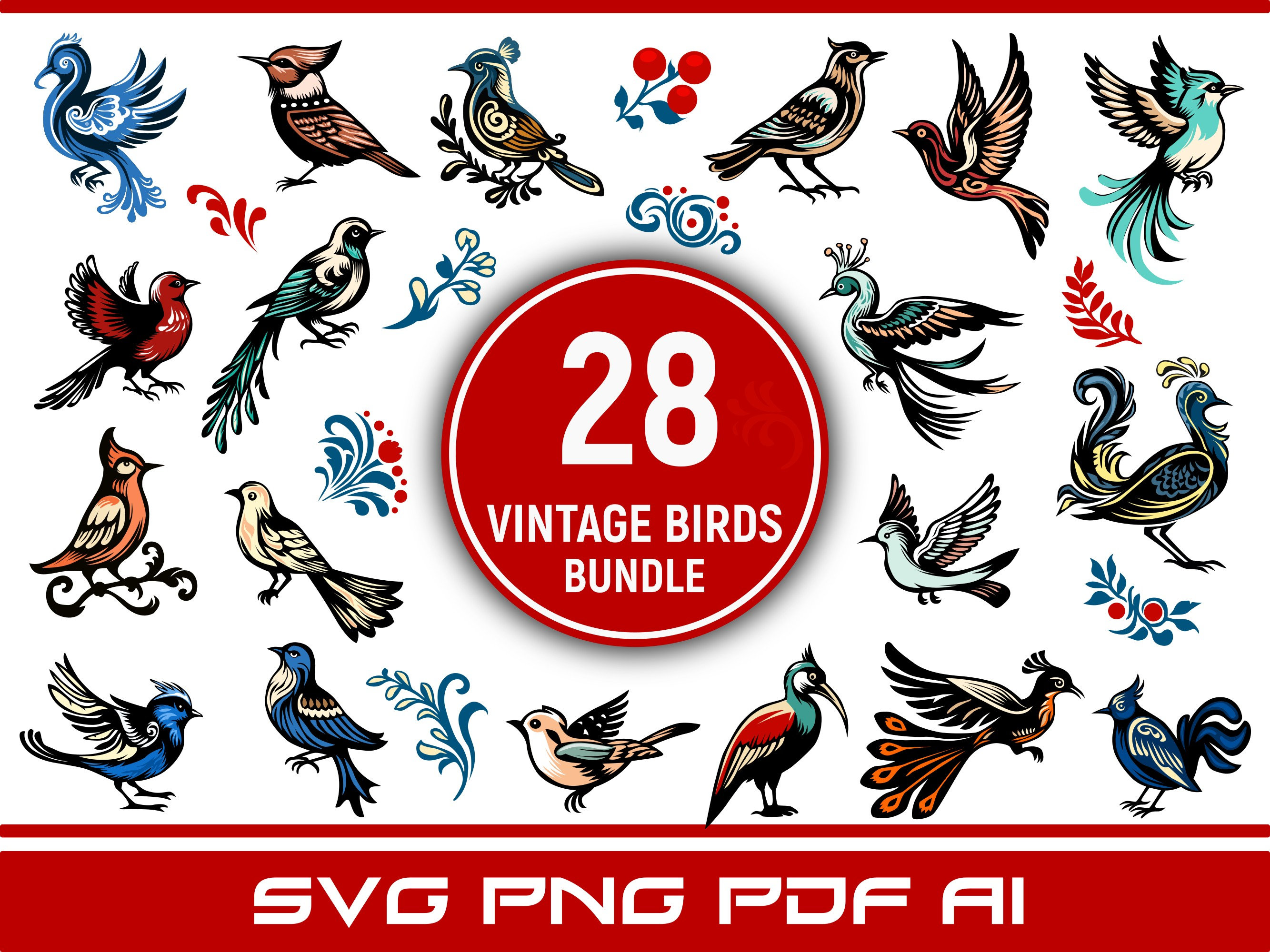 Vintage Birds and Flowers SVG PNG PDF Clipart Bundle | Bird Art Svg ...