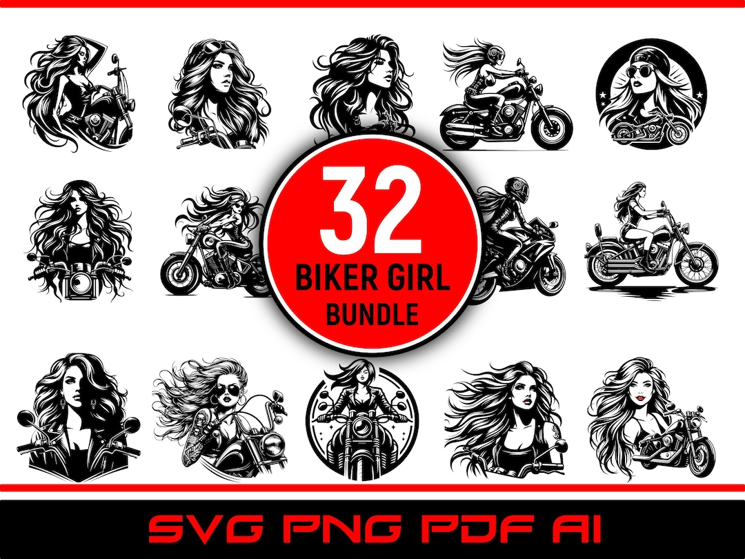 32 Biker Girl Art Vector Design SVG PNG PDF Clipart Bundle for Tattoo ...