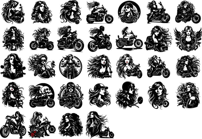 32 Biker Girl Art Vector Design SVG PNG PDF Clipart Bundle for Tattoo ...