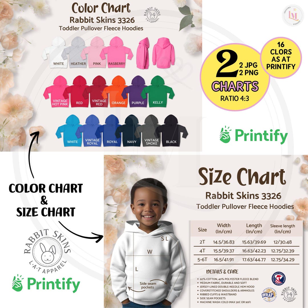 RABBIT SKINS 3326 Size Chart Toddler Hoodie Color Chart Printify 16 ...