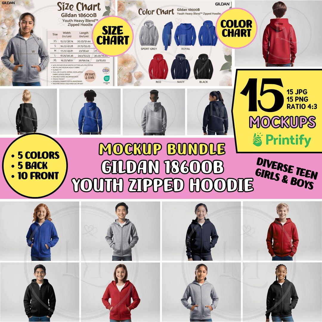GILDAN 18600B Youth Zipped Hoodie Mockup Bundle, Front and Back Gildan ...