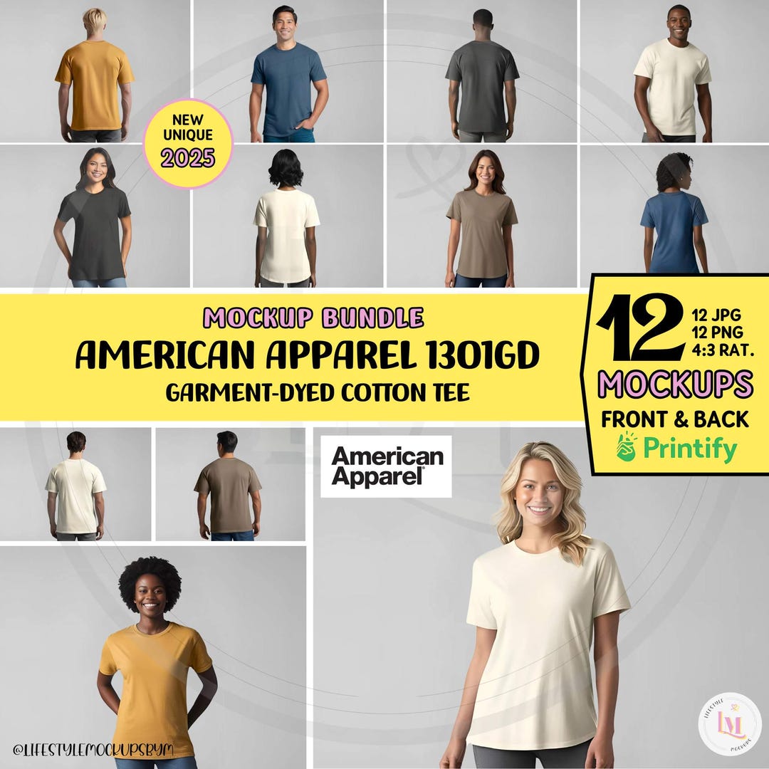 AMERICAN APPAREL 1301GD T-shirt Mockup Bundle Front Back Tee, AA 1301GD ...