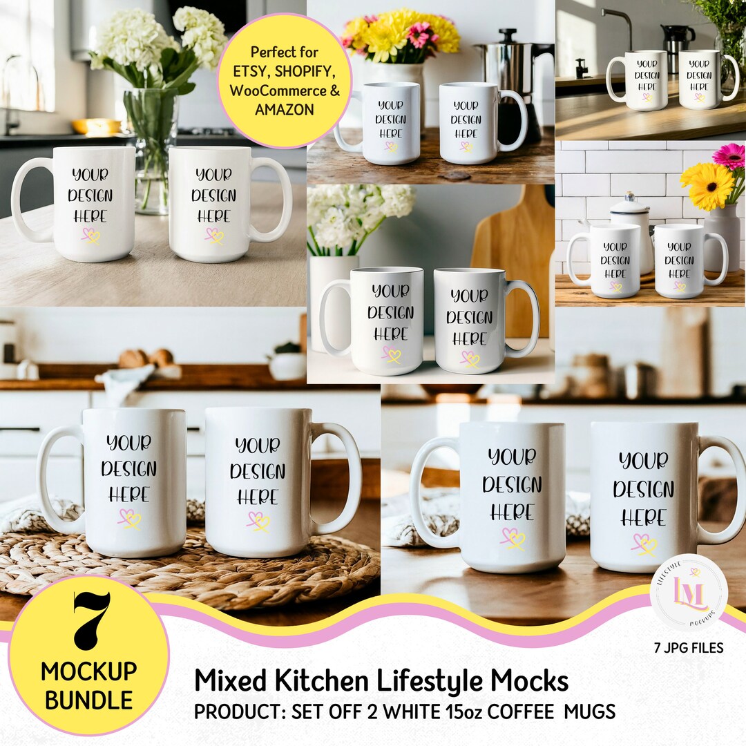 15oz MUG MOCKUP Both Sides, White 15oz Coffee Mugs Mockup Bundle, Boho ...