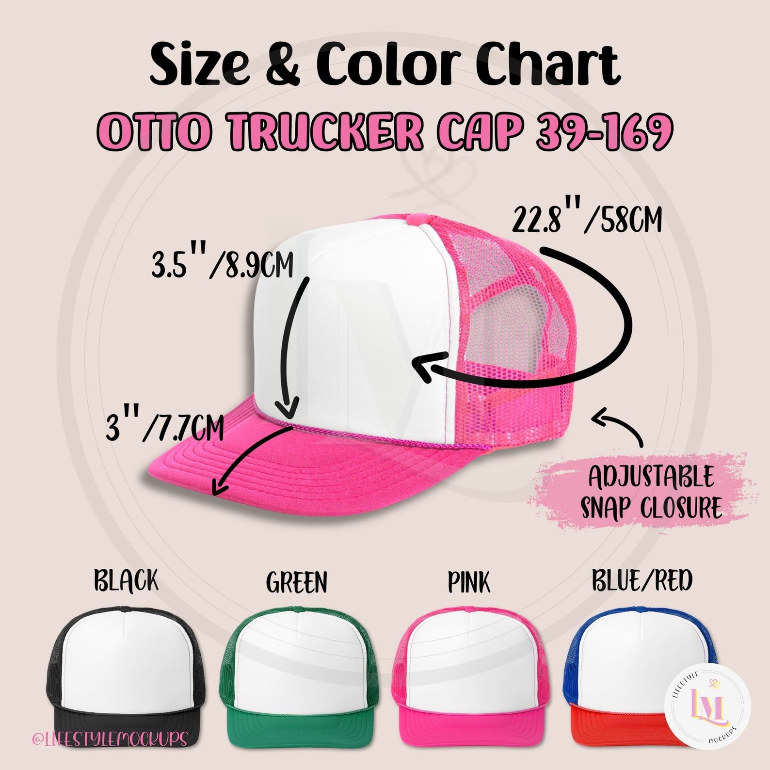 OTTO SIZE & COLOR Chart Mockup, Otto Trucker Hat Size Chart, Otto Cap ...