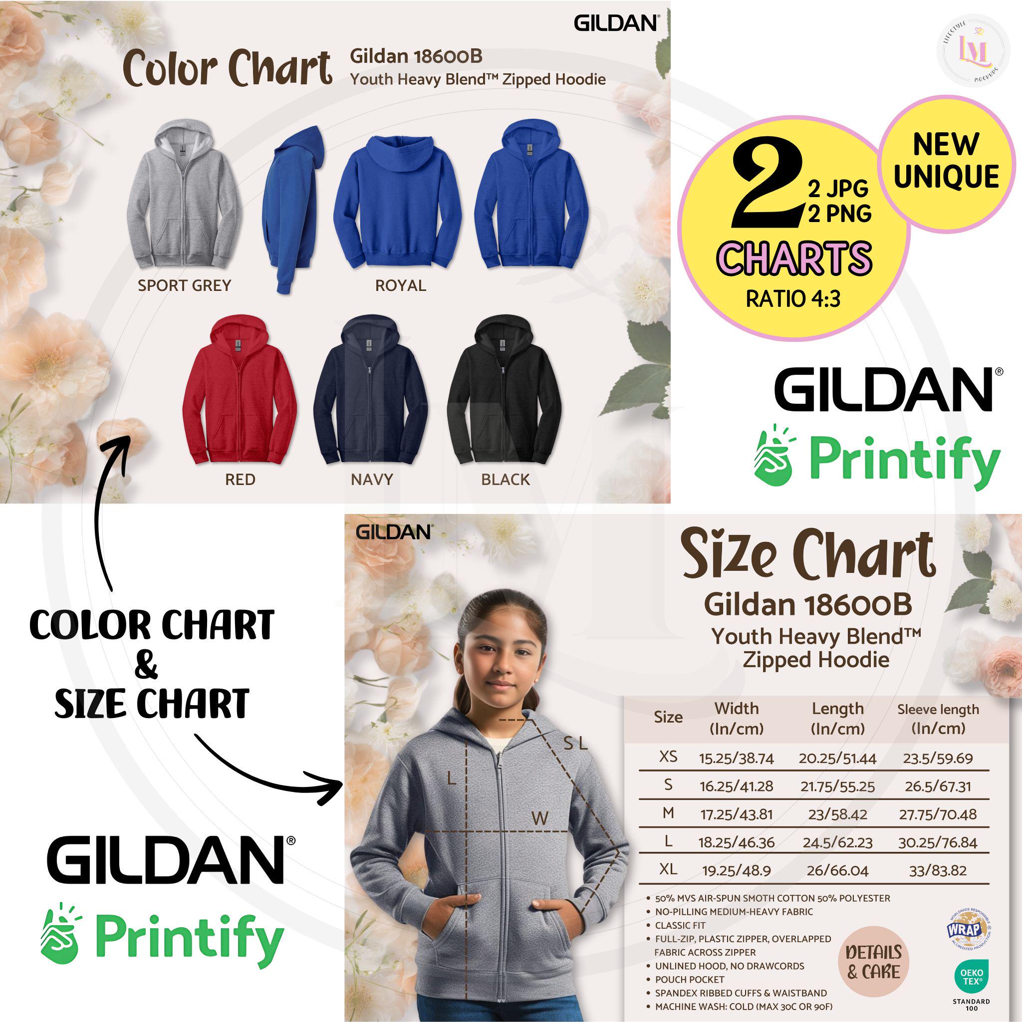 GILDAN 18600B Size Chart Gildan Youth Zip Hoodie Sweatshirt Color Chart ...