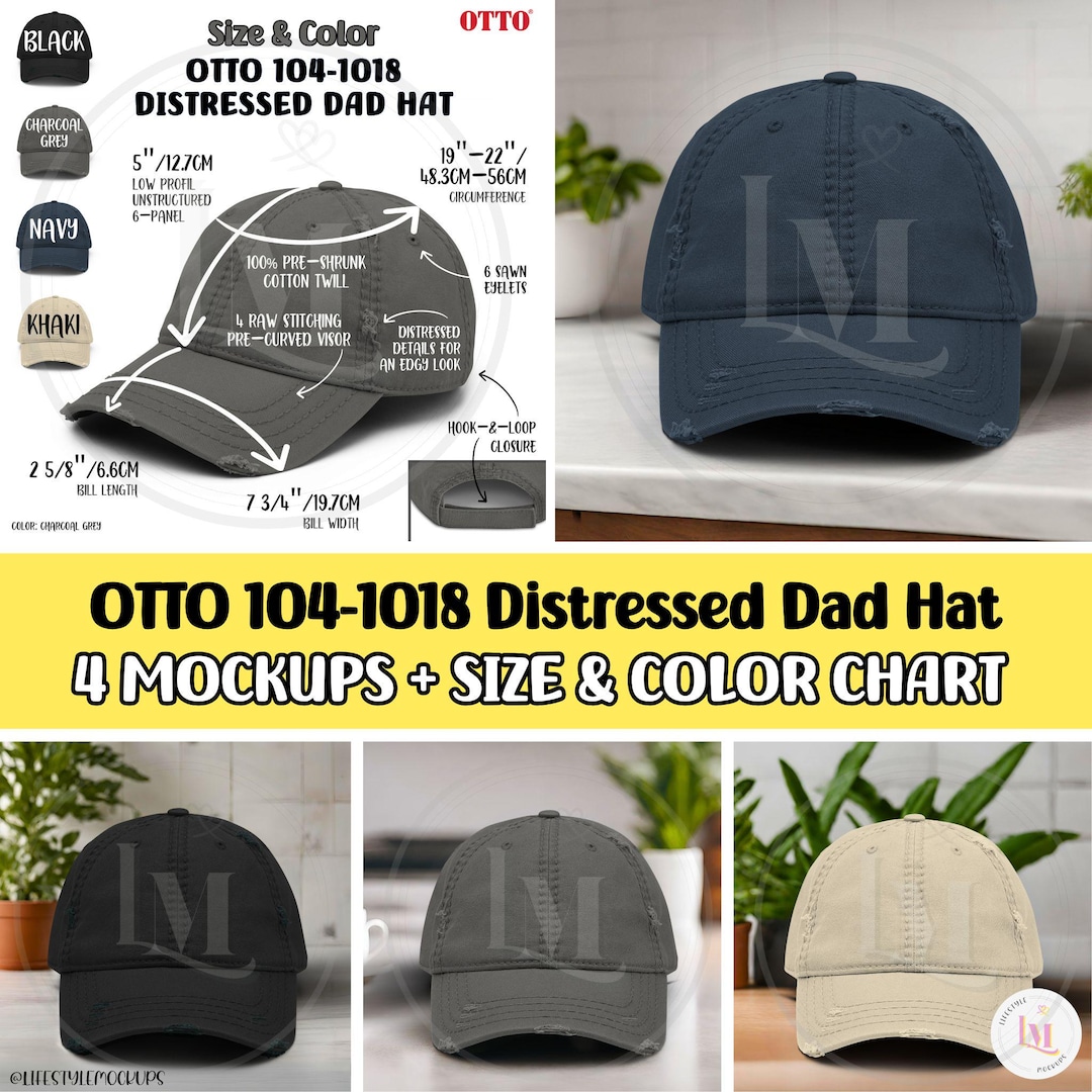DISTRESSED HAT Mockup OTTO Cap 104-1018 Size Chart, Otto Distressed Dad ...
