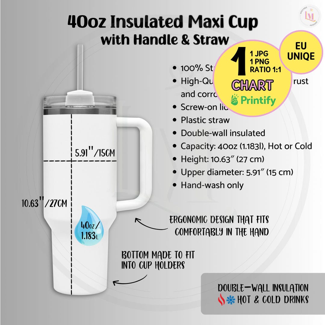 40oz MAXI CUP Features Printify 40oz Tumbler Size Chart, 40oz Maxi ...