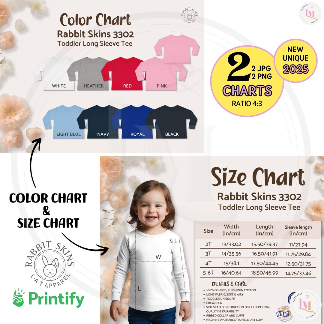 RABBIT SKINS 3302 Size Color Chart, Printify Rabbit Skins Toddler Long ...