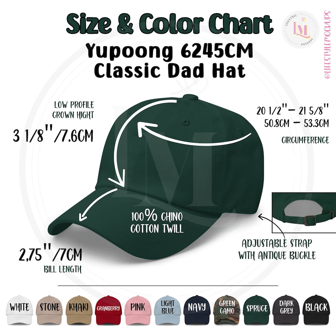 CLASSIC DAD HAT Size Chart Mockup, Color Chart Yupoong 6245CM Dad Hat Size Chart, Dad Cap 6245 ...