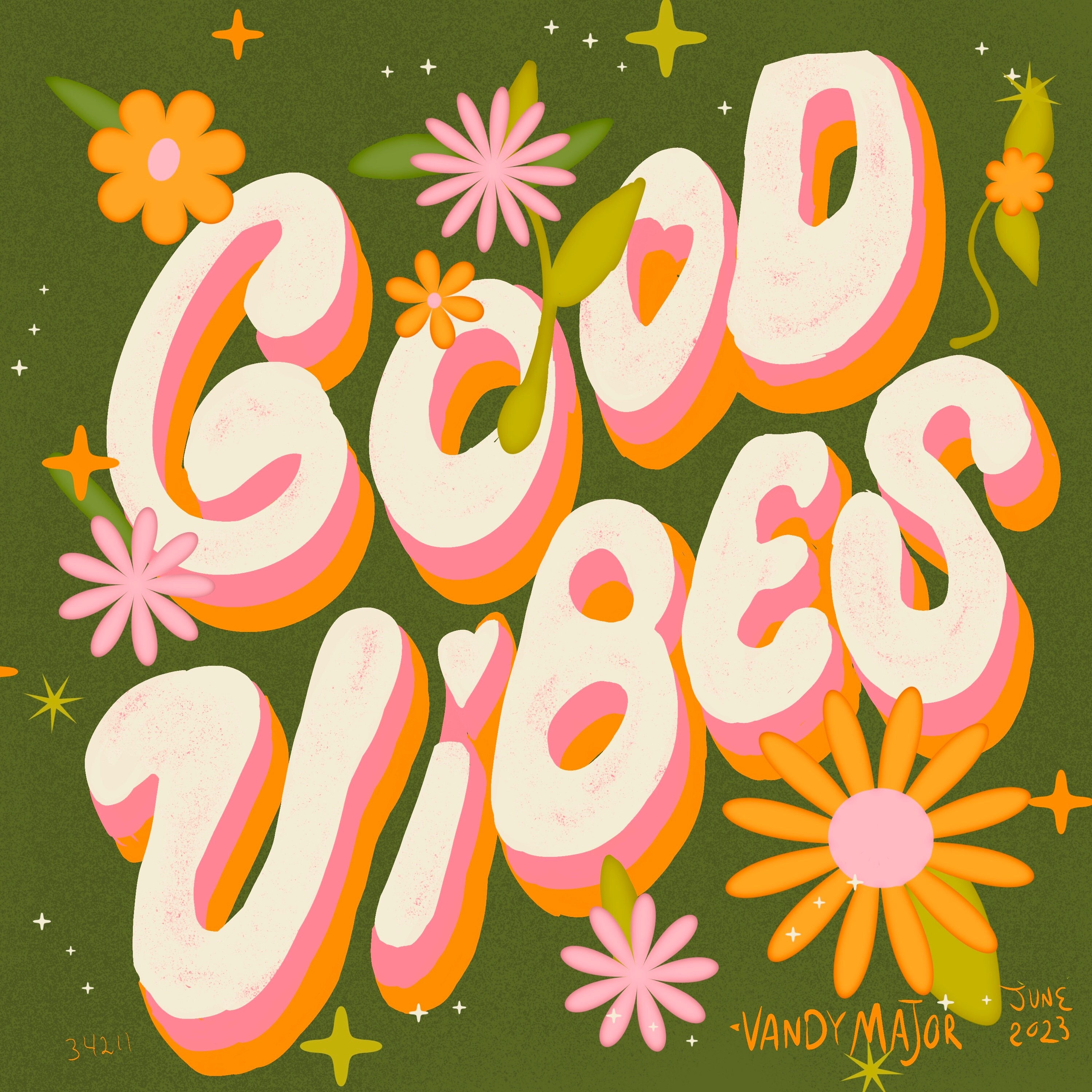 Good Vibes, 60's, Hippie, Bohemian, Flowers, Bubble Letters, Hand ...