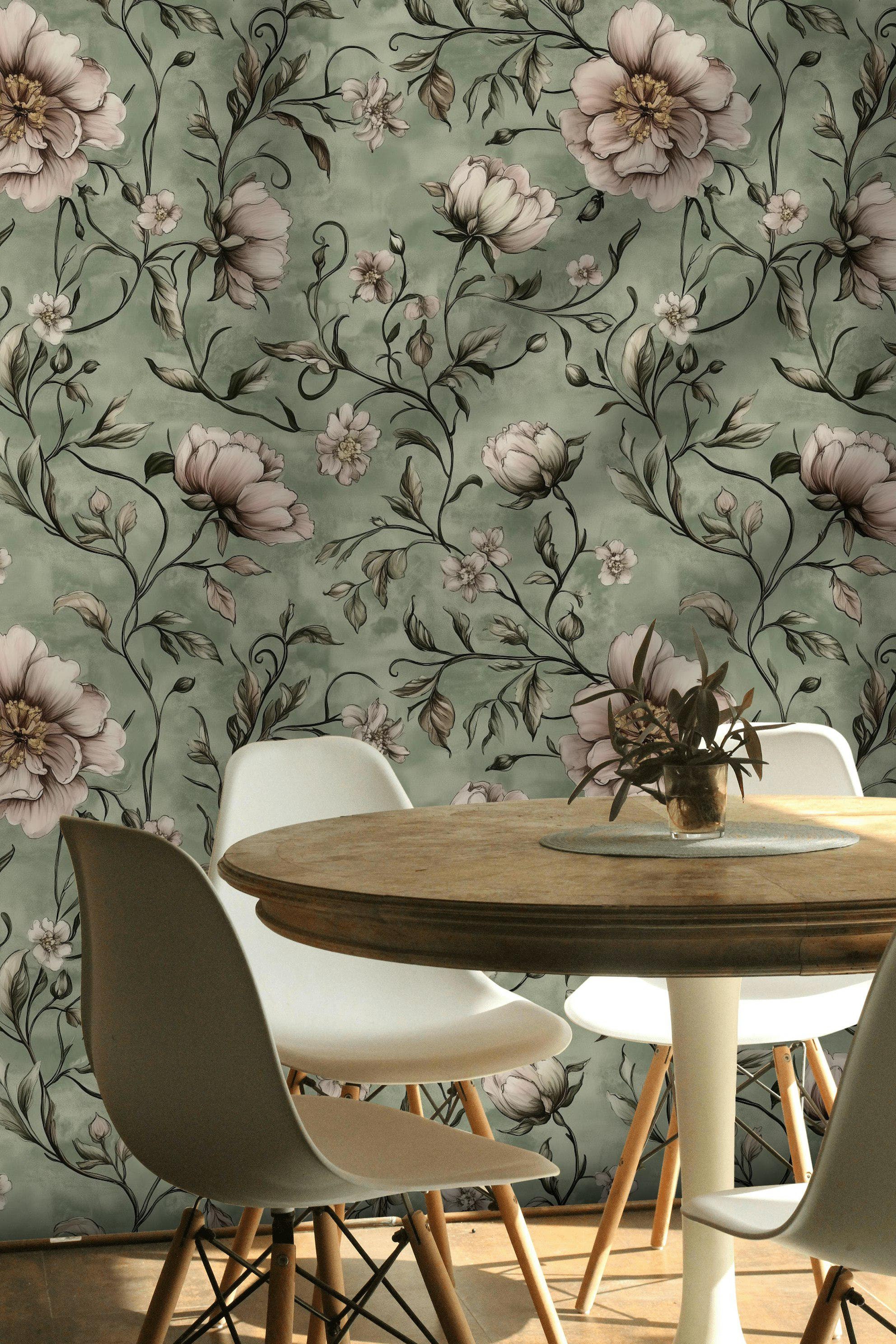Sage Green Peony Wallpaper Exquisite Floral Accent Serene Interiors - Etsy