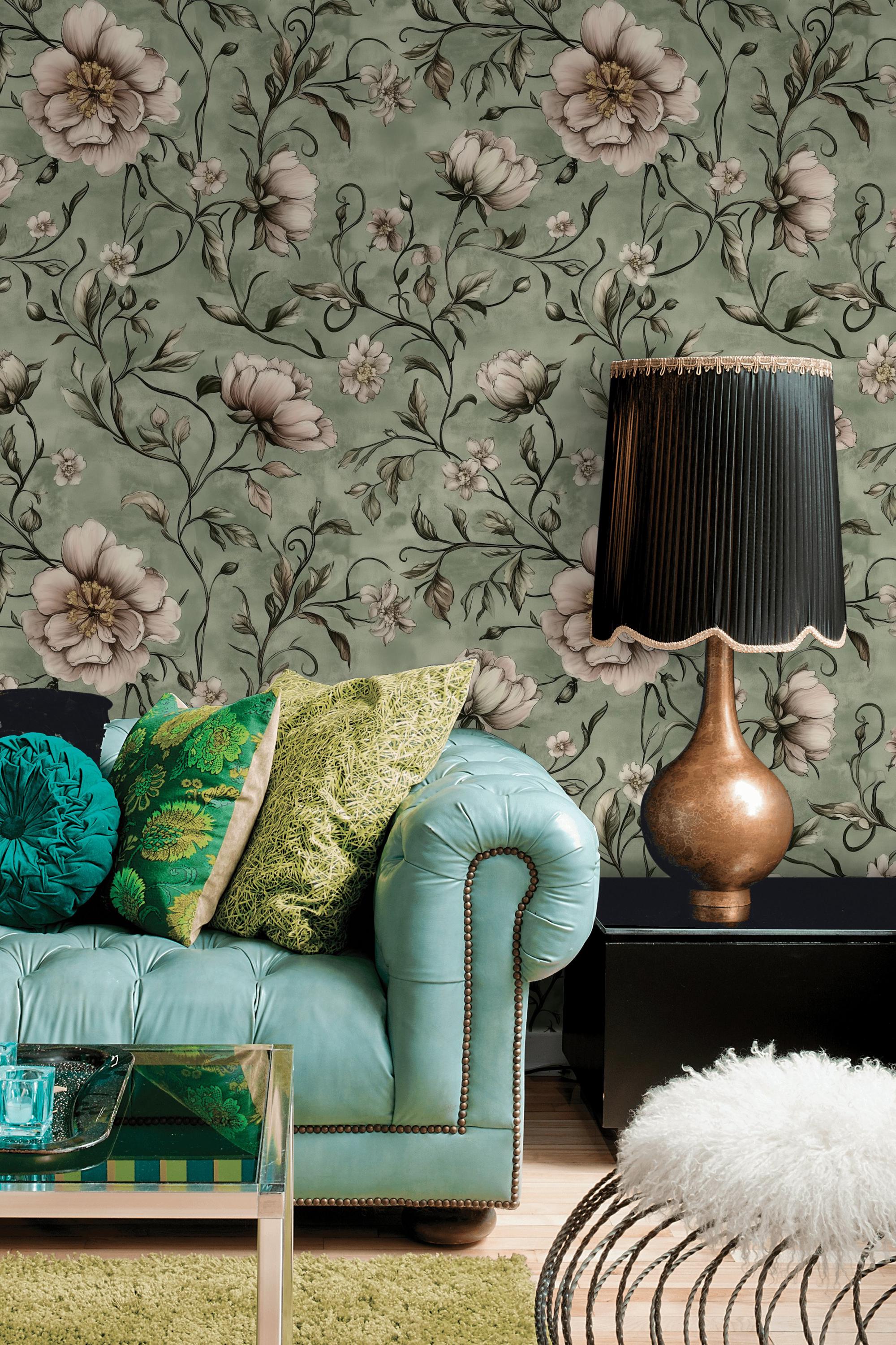 Sage Green Peony Wallpaper Exquisite Floral Accent Serene Interiors - Etsy